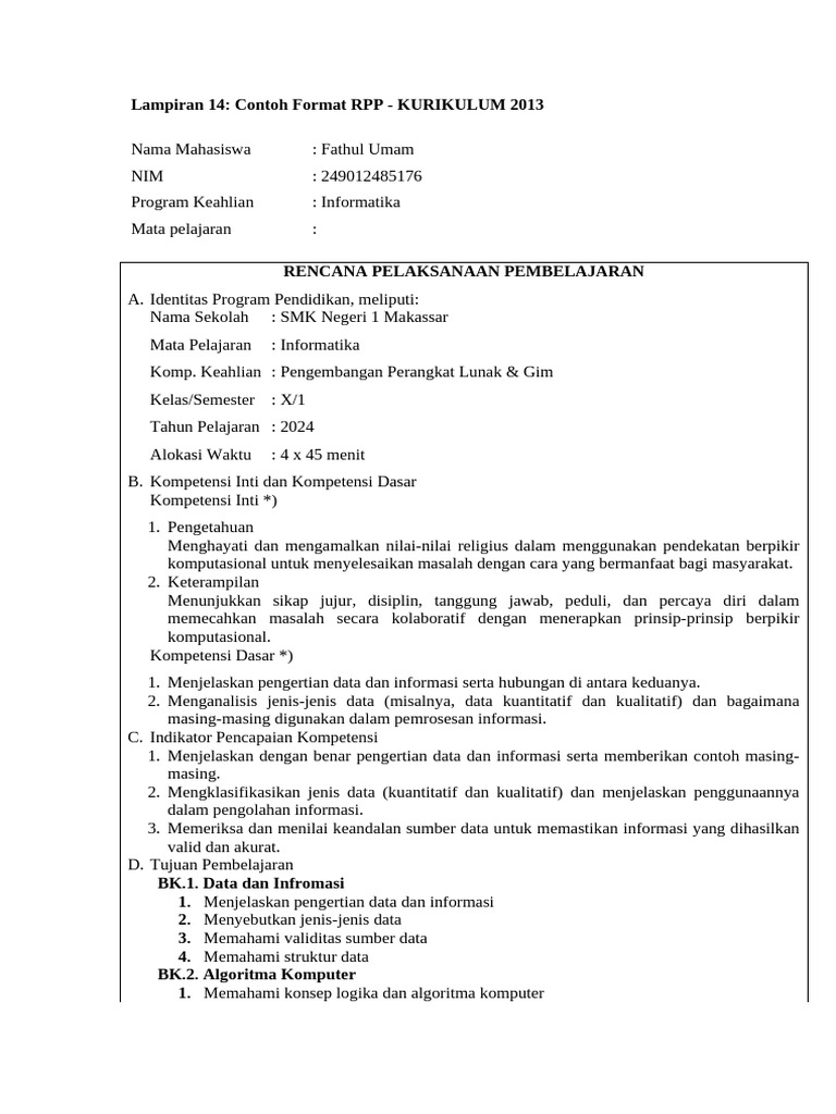 01.05.6-B4-6 Lampiran 14 Contoh Format RPP KURIKULUM 2013 | PDF