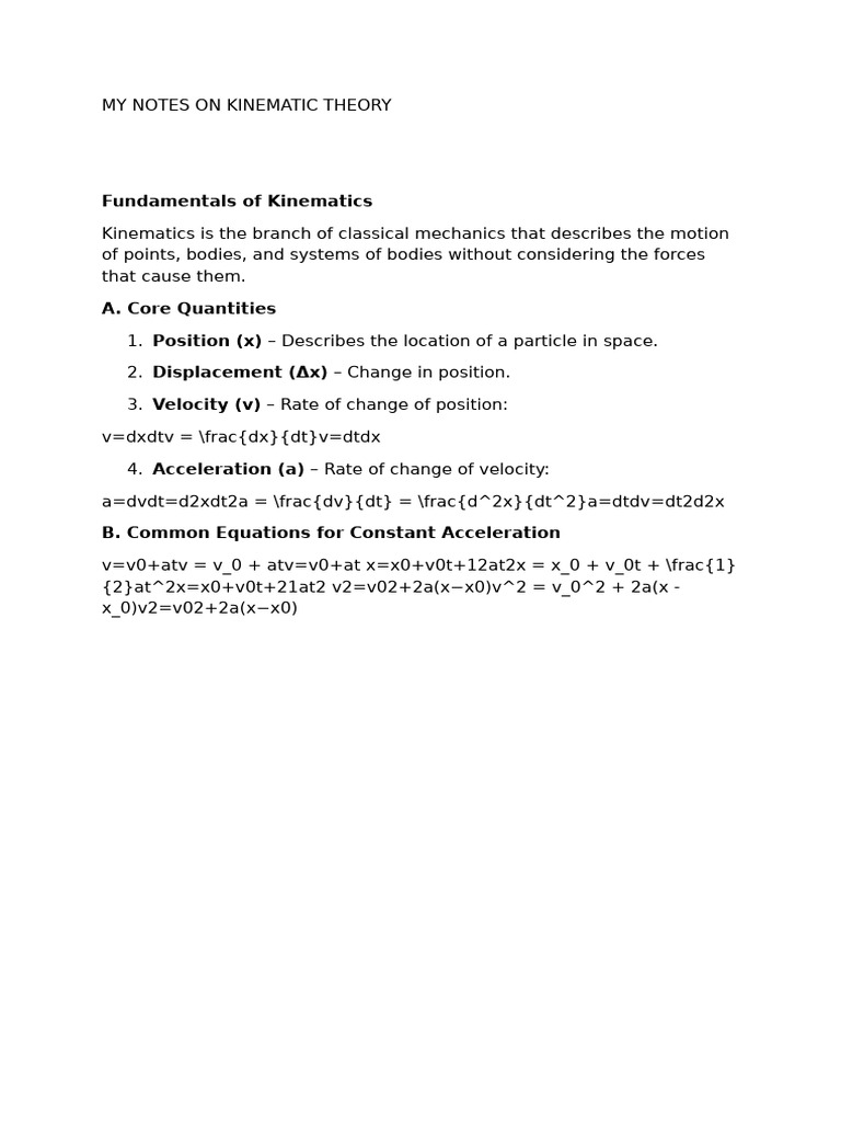 Notes Kinematic Theory | PDF