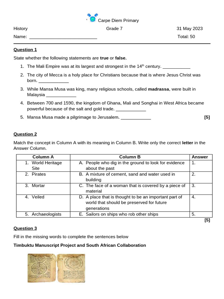 History GR 7 Term 2 Test of 2023 | PDF | Slavery