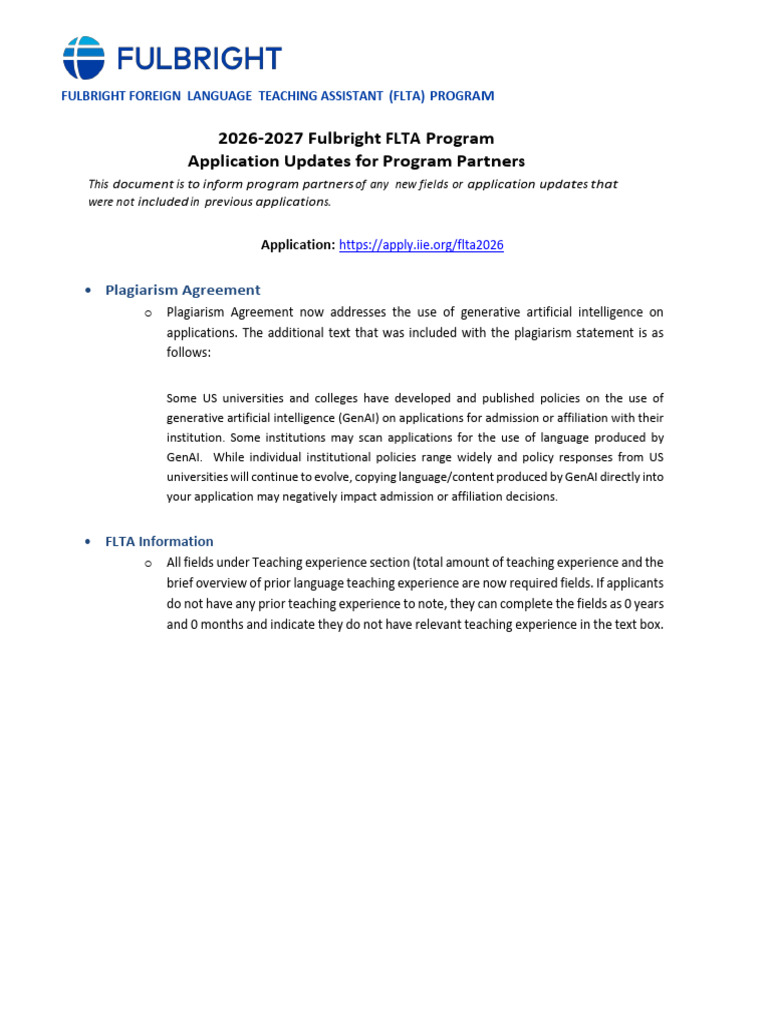 2026 - 27 Fulbright FLTA Application Program | PDF