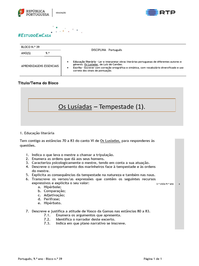 39 - Portugês - 9 - Os Lusíadas - Tempestade | PDF