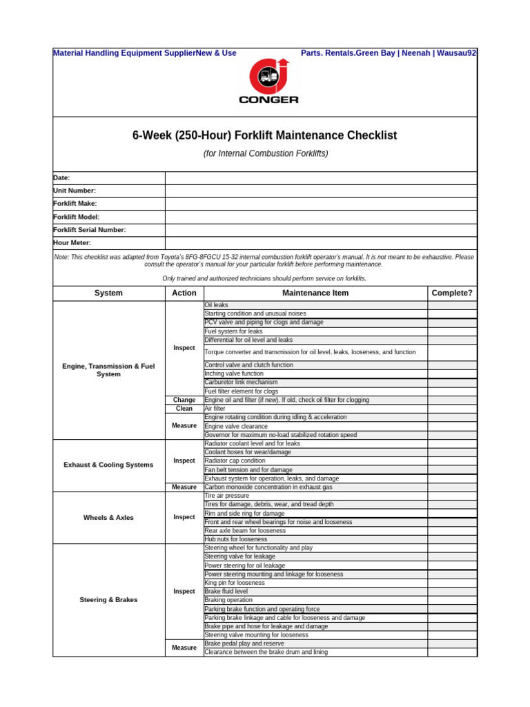 6 Week 250 Hour Forklift Maintenance Checklist IC | PDF | Leak | Valve