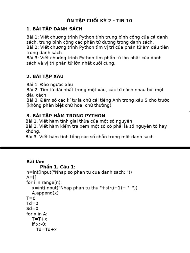 BÀI TẬP DANH SÁCH-XÂU-HÀM TRONG PYTHON-TIN 10 | PDF