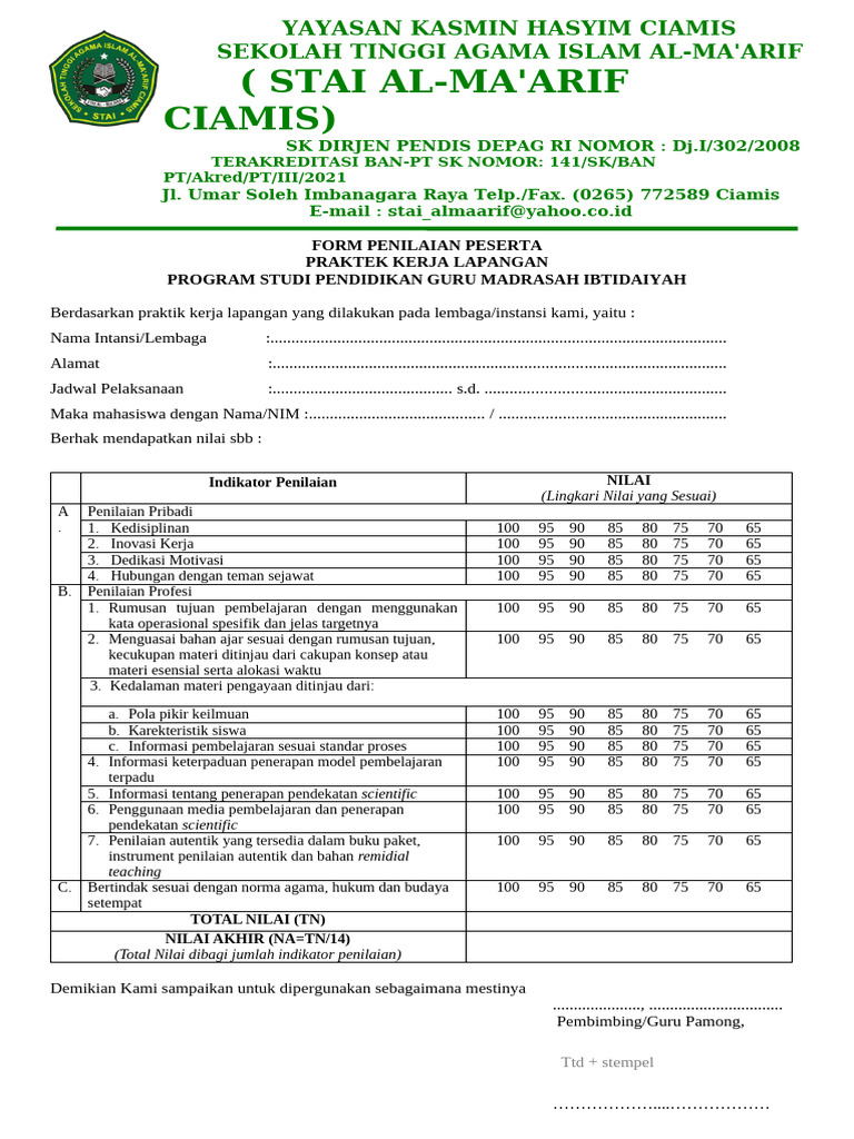 Form Penilaian PPL PGMI | PDF