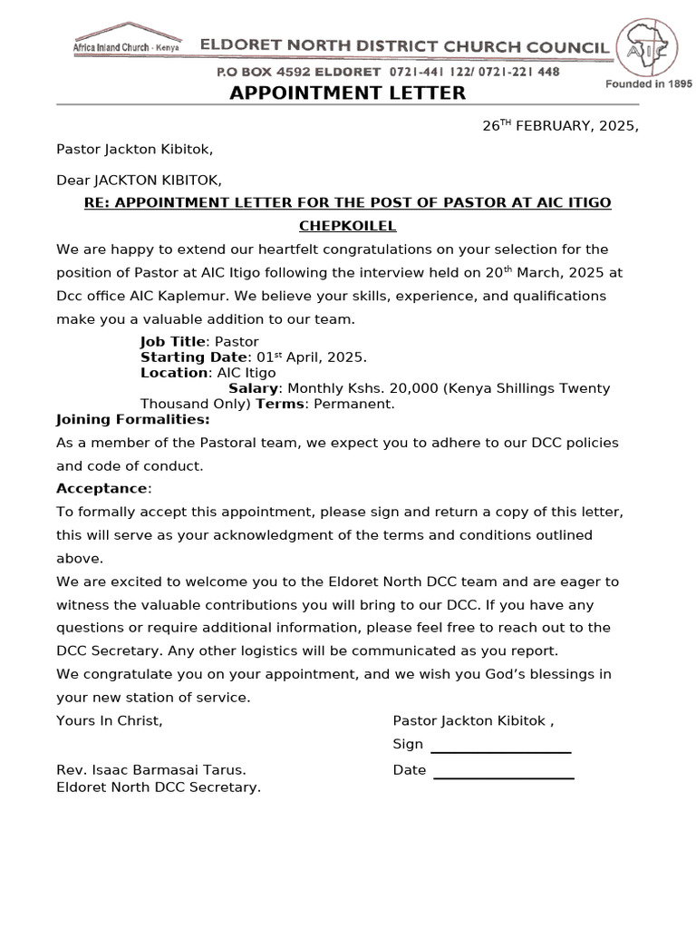 Appointment Letter DCC-1 | PDF