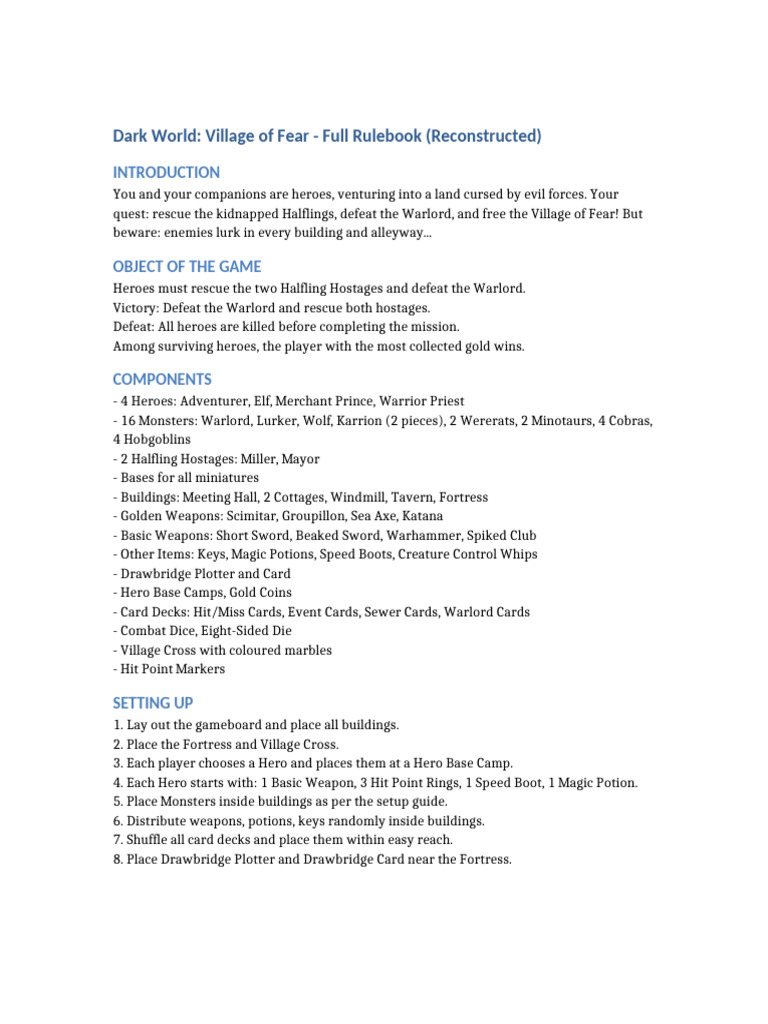 Dark World Village of Fear Reconstructed Rulebook FINAL | PDF | Gaming | Role Playing Games