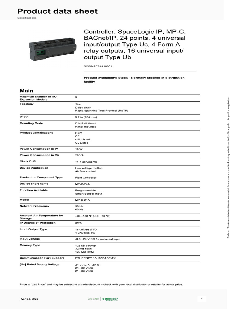Schneider Electric - SpaceLogic-MPC-Controller - SXWMPC24A10001 | PDF | Network Topology ...