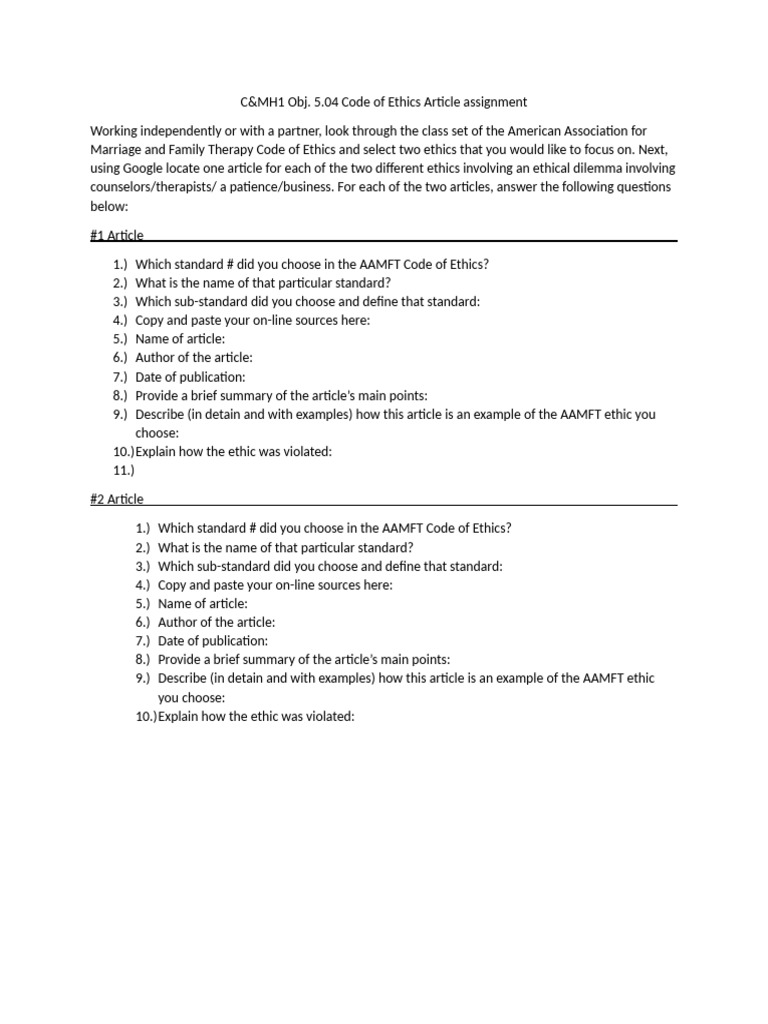AAMFT Ethics Article Analysis Assignment | PDF