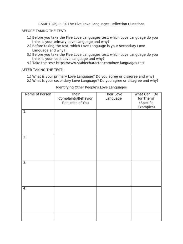 C&MH1 Obj. 3.04 The Five Love Languages Reflection Questions | PDF