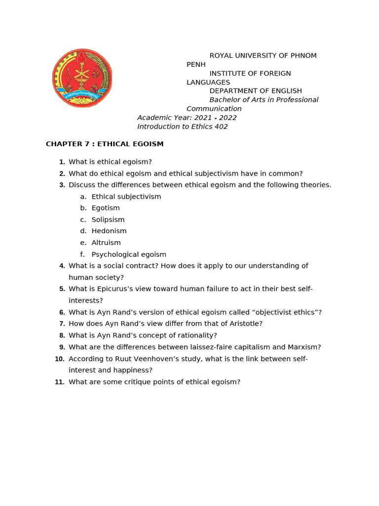 Chapter 7_ Ethical Egoism - Comprehension | PDF