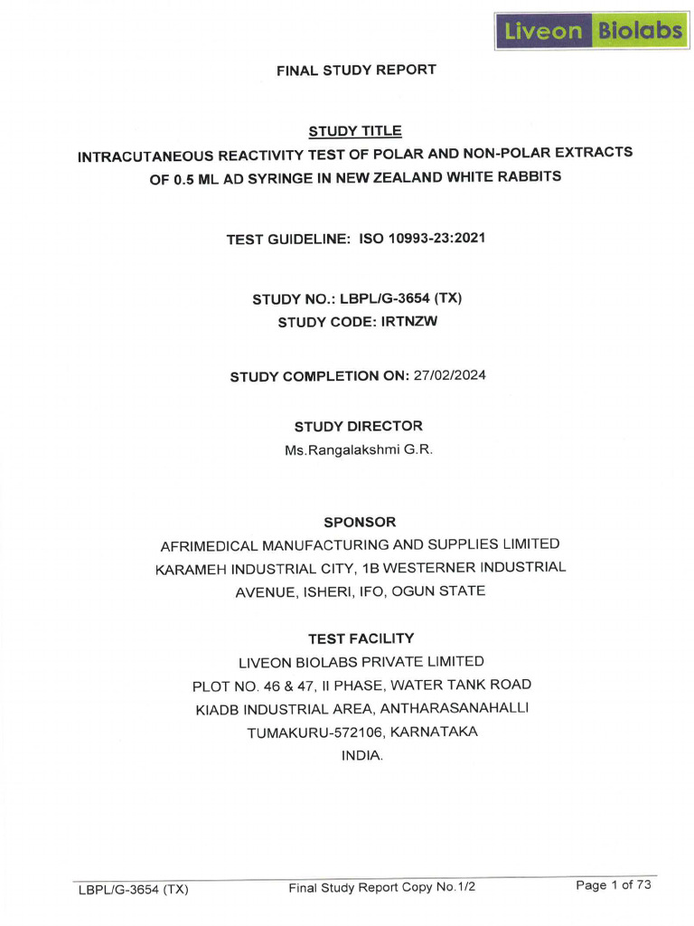 0.5ML Intracutaneous Reactivity Test | PDF