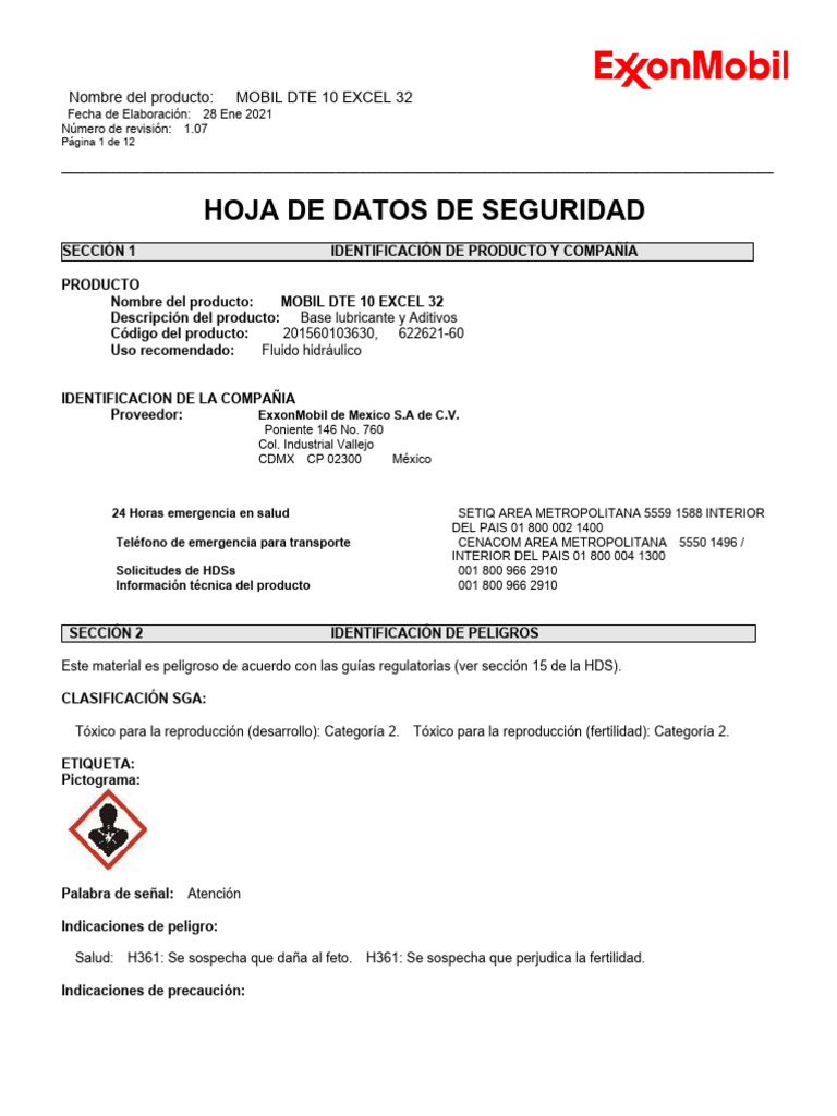 MSDS - Mobil Dte 10 Excel 32 | PDF | Agua | Contaminación