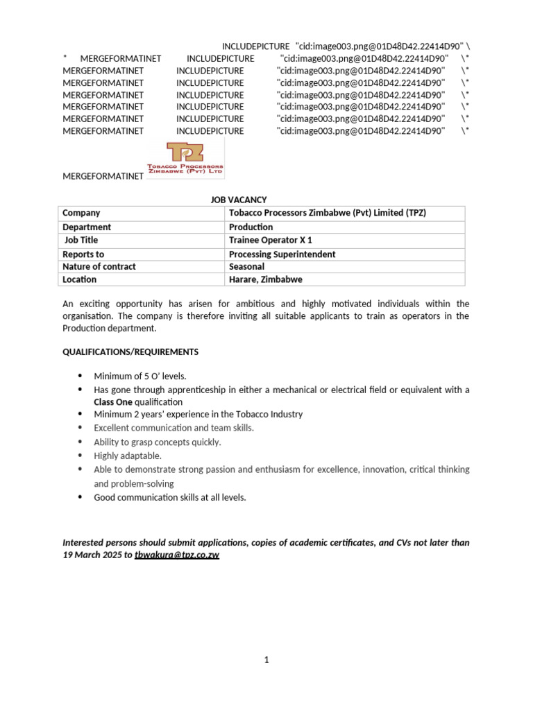 Internal Advert - Trainee Operator | PDF