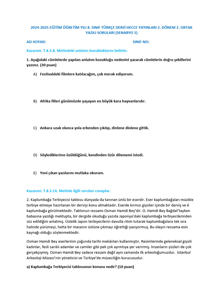 Sinif 1. Seneryo Soru | PDF