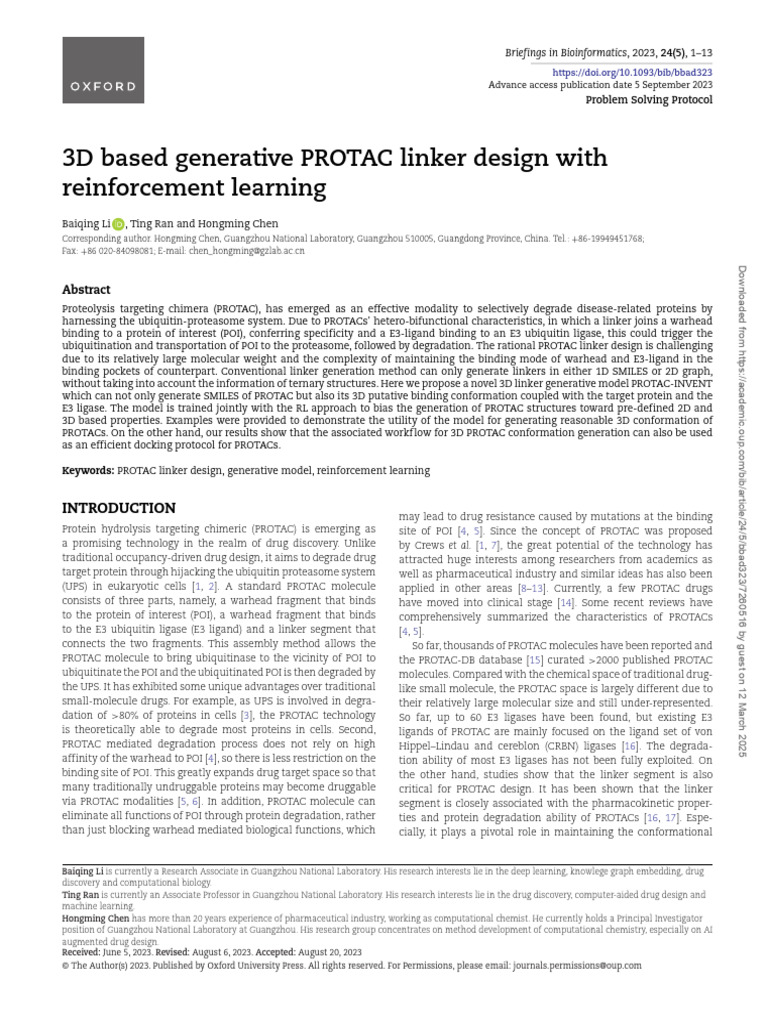 3D Based Generative PROTAC Linker Design With RL | PDF | Docking (Molecular) | Ubiquitin