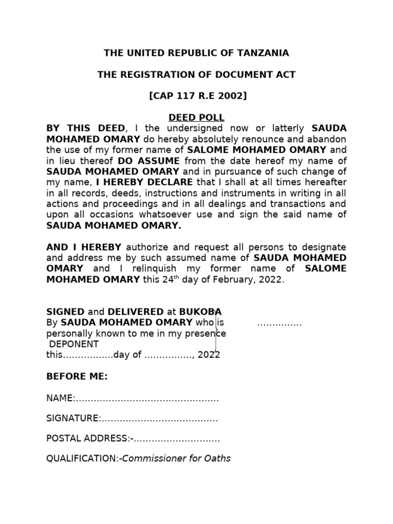 Deed Poll Registration in Tanzania | PDF