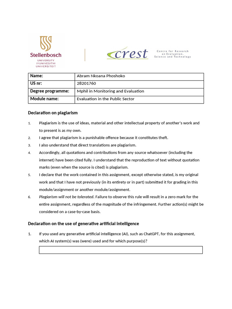 Evaluation in The Puclic Sector Assignment | PDF | Evaluation | Plagiarism