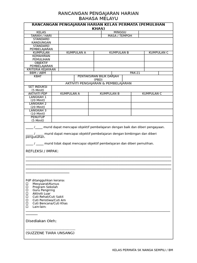 RPH KELAS PERMATA (BM) 2025 - TEMPLATE KOSONG | PDF