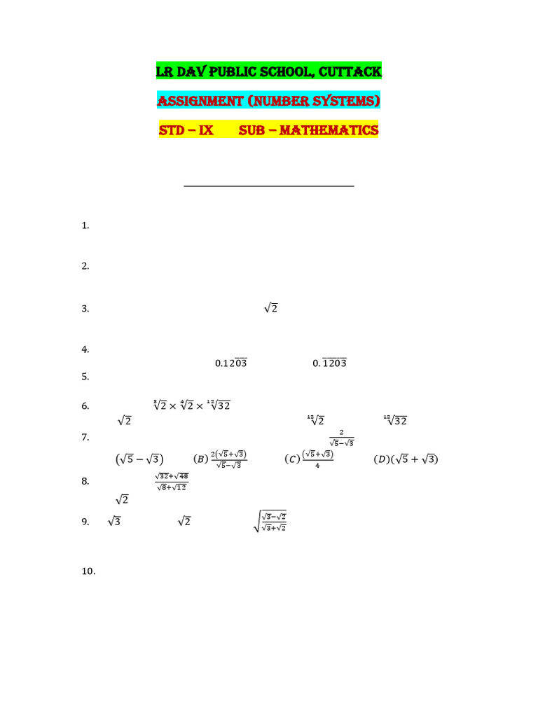 Holiday Homework (Ix-Maths) | PDF | Numbers | Rational Number