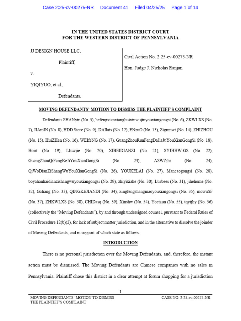 JJ Design House v. Yiqiyou - MTD | PDF | Lawsuit | Personal Jurisdiction