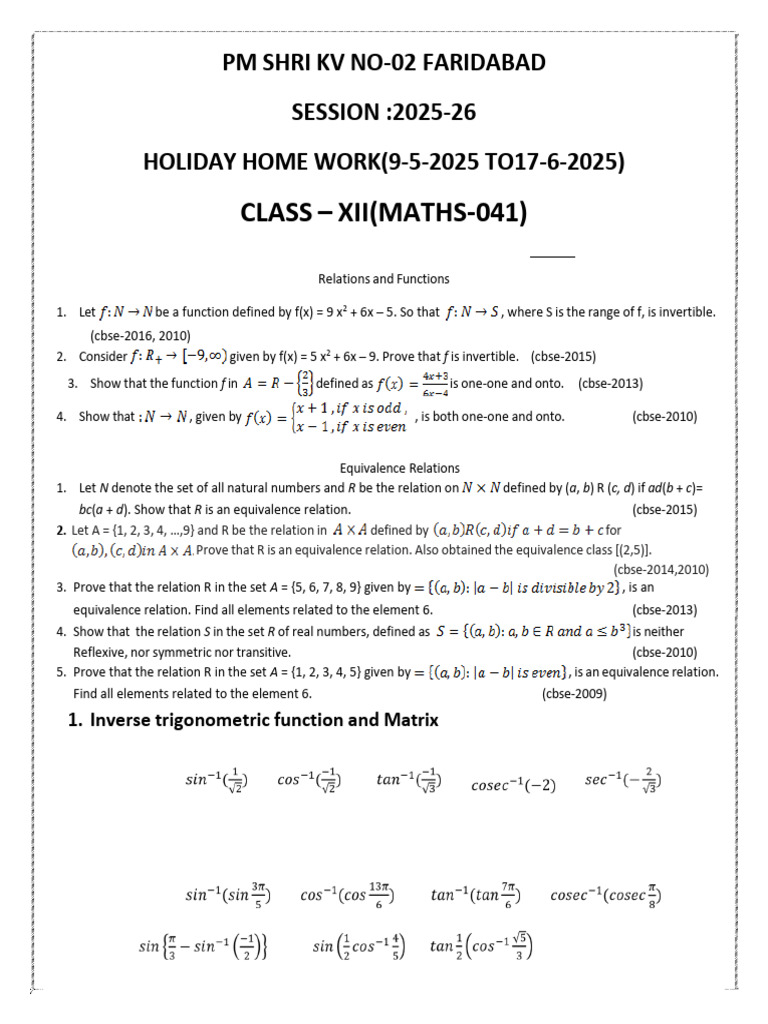 Holiday HW Maths Class 12 | PDF | Matrix (Mathematics) | Algebra