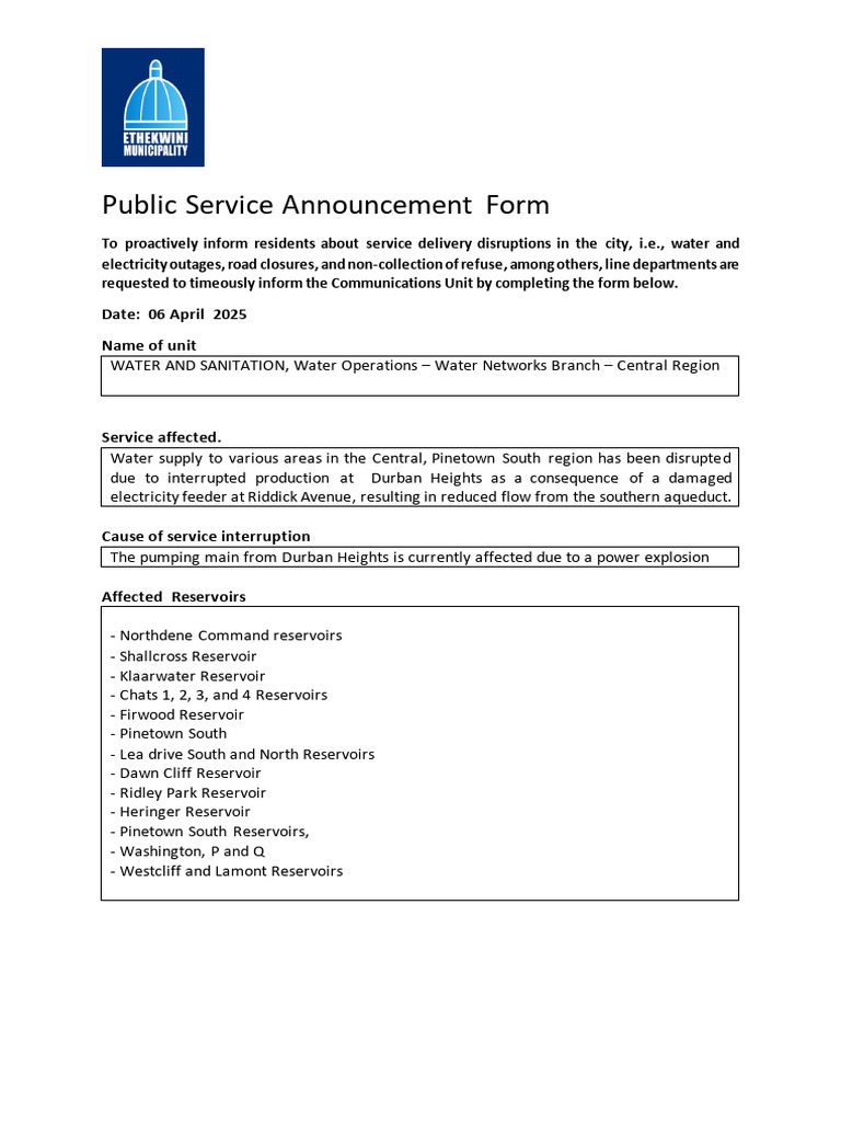 Water Supply Disruption Notice - Durban | PDF | Water Supply | Fresh Water