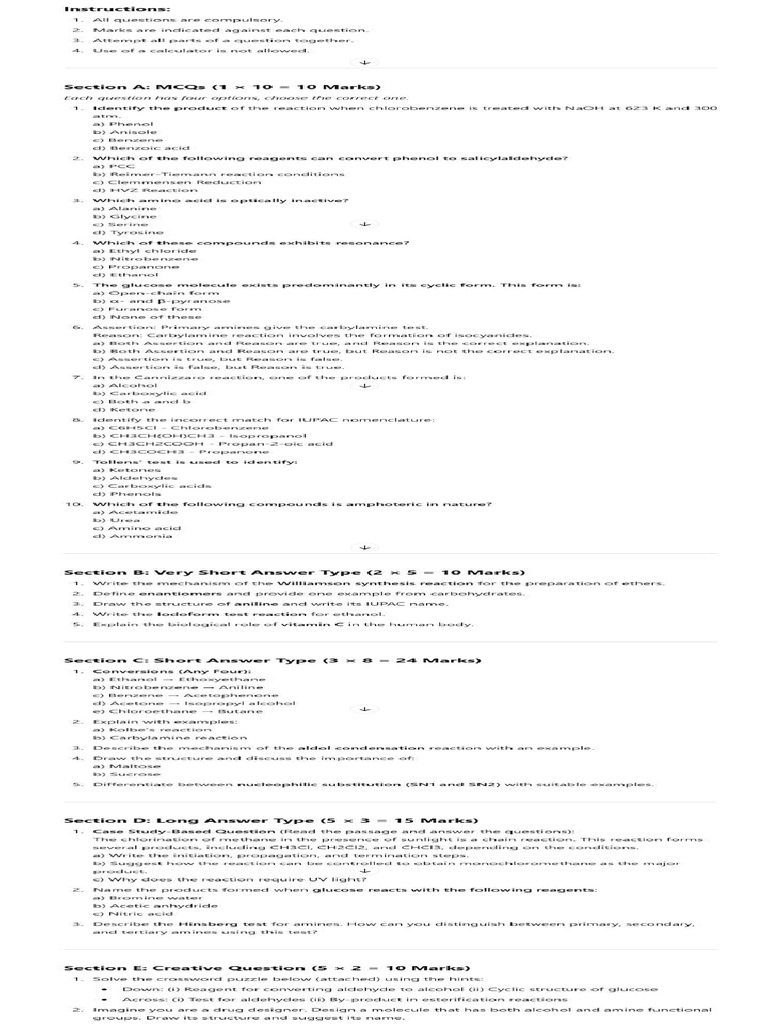 Class Xii Organic Chemistry Test Pdf