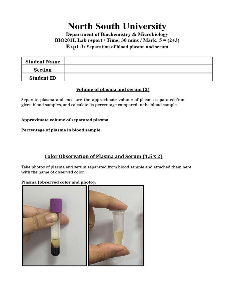Blood Plasma and Serum Separation Lab | PDF