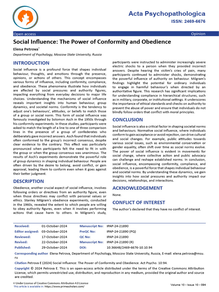 Social Influence The Power of Conformity and Obedience | PDF ...