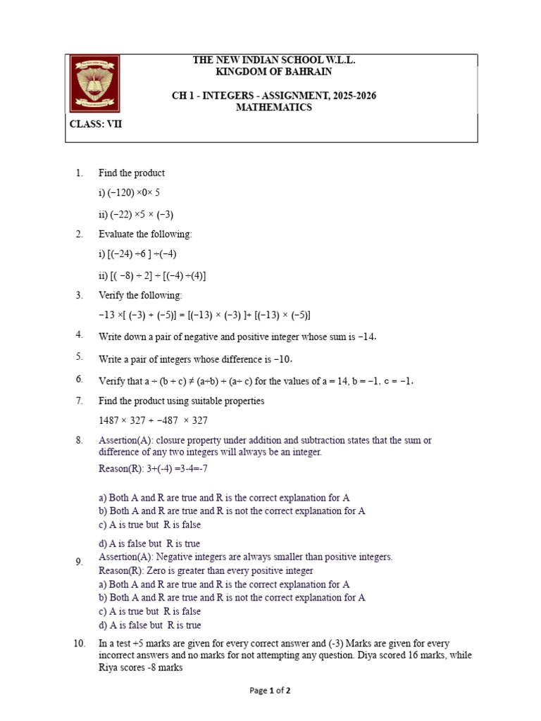 CH 1 - Integers (Assignment) | PDF