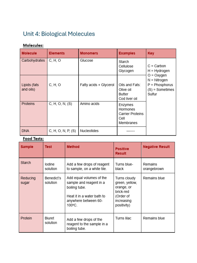Biological Molecules and Food Tests Guide | PDF | Biomolecules | Lipid