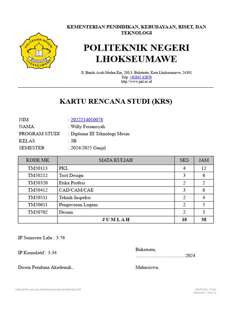 Kartu Rencana Studi (KRS) - Politeknik Negeri Lhokseumawe | PDF