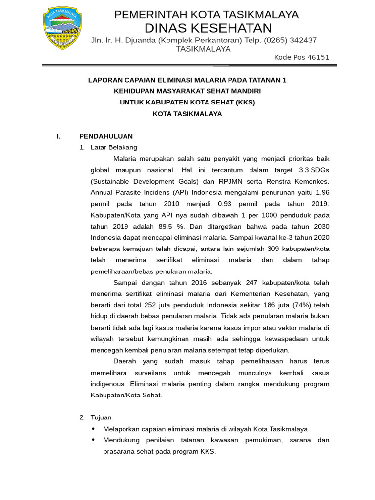 Laporan Eliminasi Malaria Kks Kota Tasikmalaya 2024 | PDF