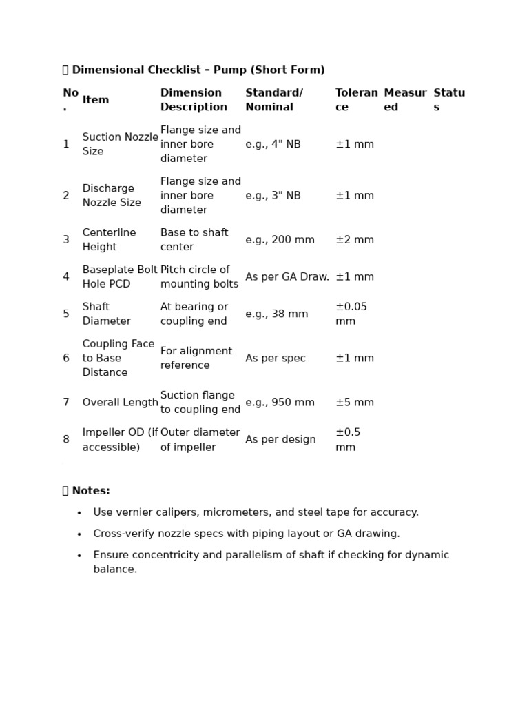 Dimensional Checklist Pump | PDF