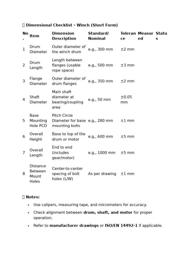 Dimensional Checklist Winch | PDF