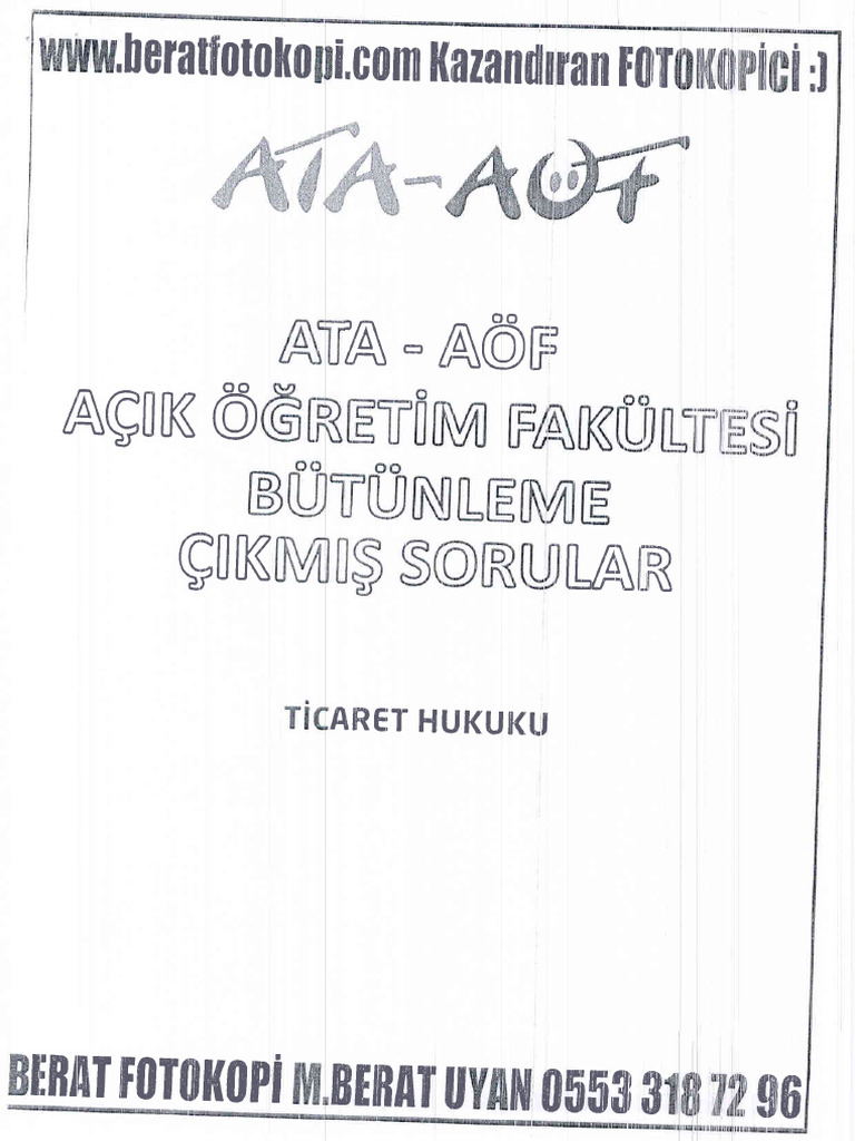 Ata Aof Ticaret Hukuku Butunleme Cikmis Sorular | PDF