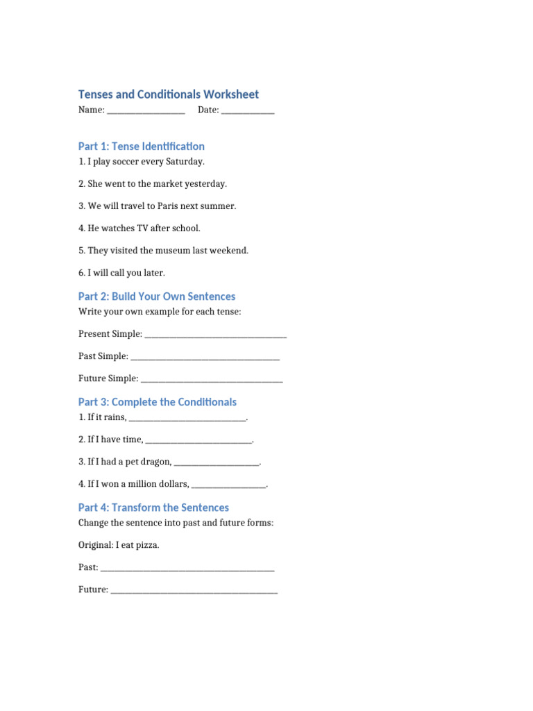 Tenses and Conditionals Worksheet | PDF