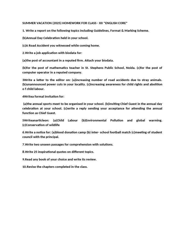 Summer Vacation-2025 HW-Eng-XII | PDF