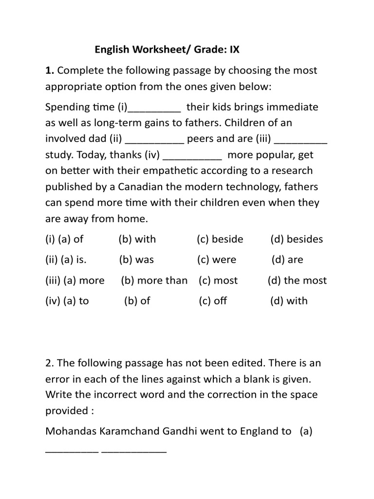 Worksheet Grade IX | PDF