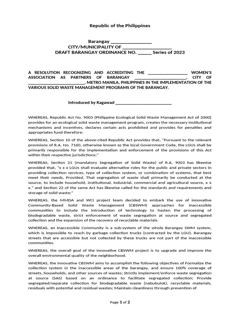 Brgy Reso Recognizing WG Template | PDF | Waste Management | Waste
