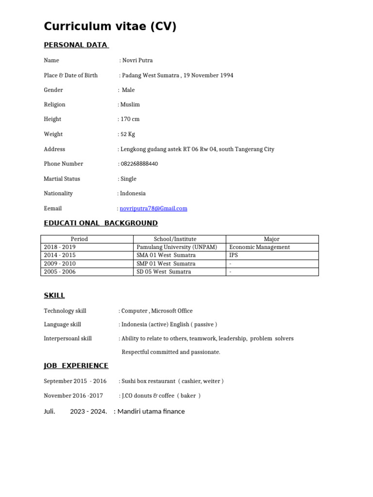 Curriculum Vitae (CV) : Personal Data | PDF