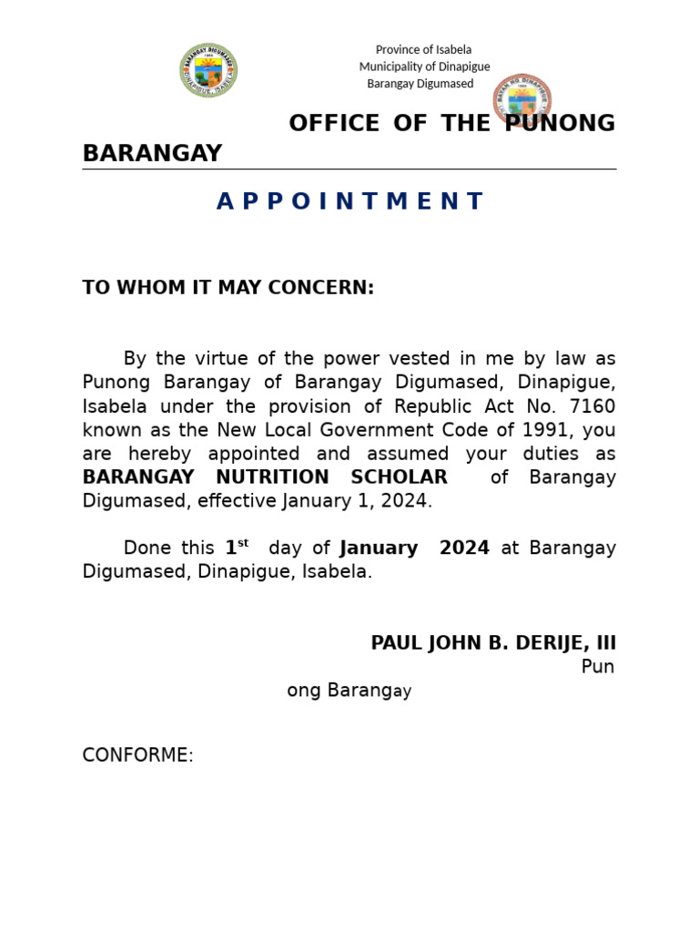 Office of The Punong Barangay: Appointment | PDF