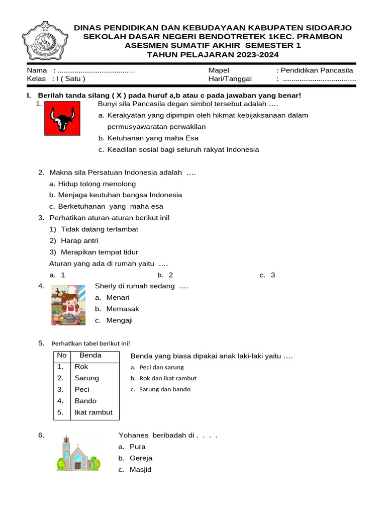 Soal Asas 1 Kelas 1 Pendidikan Pancasila | PDF