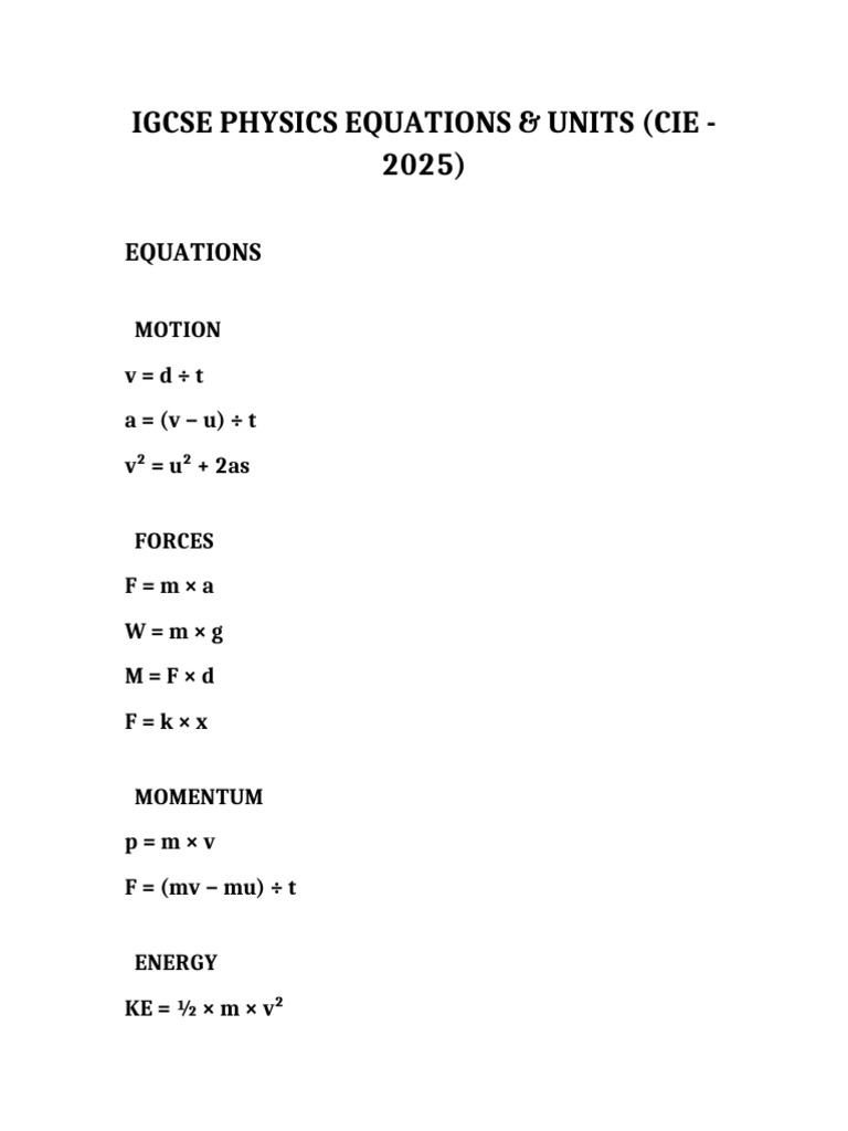 IGCSE Physics Equations and Units 2025 | PDF