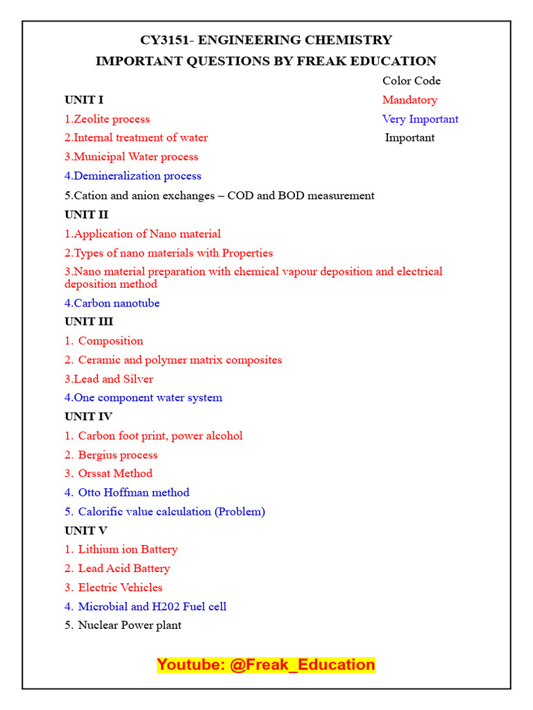 Cy3151 Engineering Chemistry Important Question | PDF