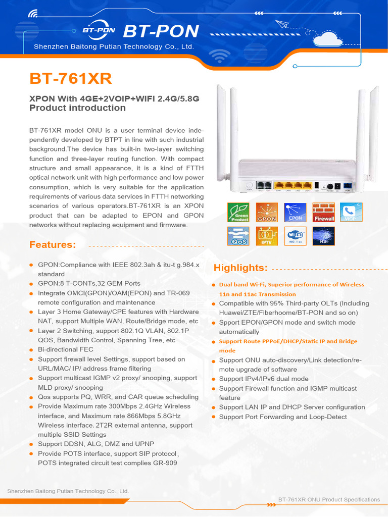 BT-PON BT-761XR XPON ONU ONT Datasheet | PDF | Computer Network ...