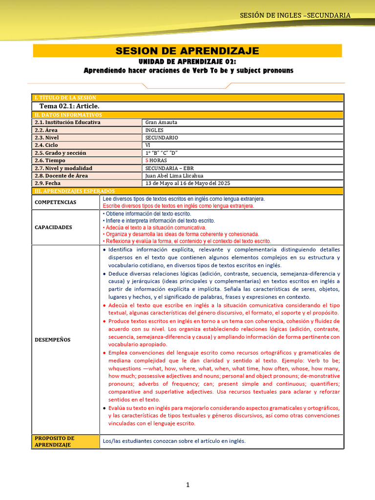 1° SEC. SESION ACTV 02.1 INGLES 2024 | PDF | Aprendizaje | Enseñando