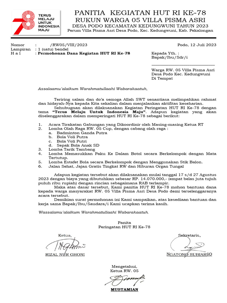 Permohonan Dana HUT RI Ke-78 RW 05 | PDF