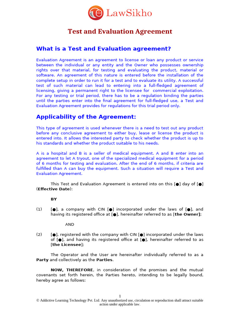 Test and Evaluation Agreement Overview | PDF | License | Implied Warranty