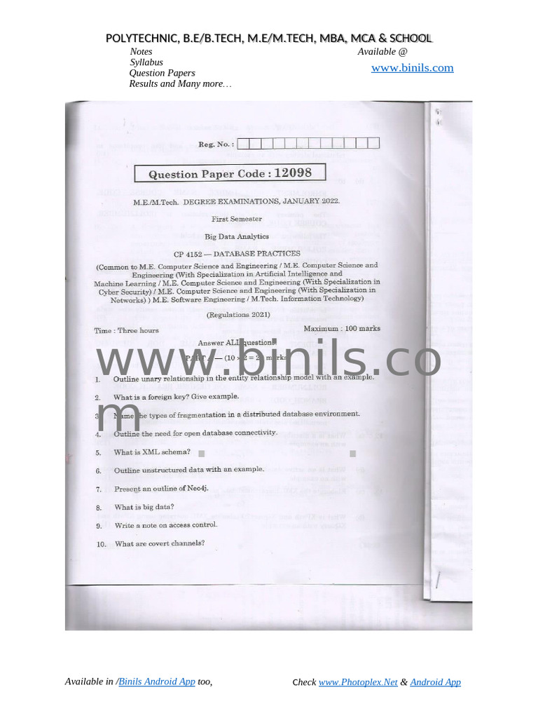 CP 4152 Database Practices I Previous Question Paper | PDF | Data | Information Retrieval